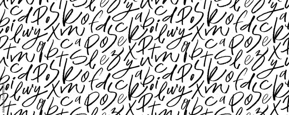 Scattered alphabet letters seamless pattern. Brush drawn cursive font ...