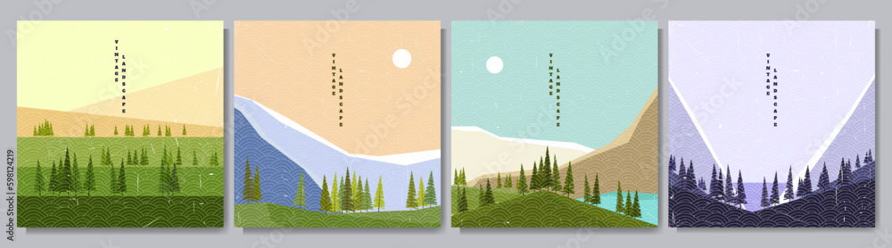 Vector illustration landscape. Japanese pattern texture. Forest trees ...