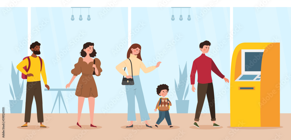 Queue at atm machine. Men and women with children stand near terminal ...