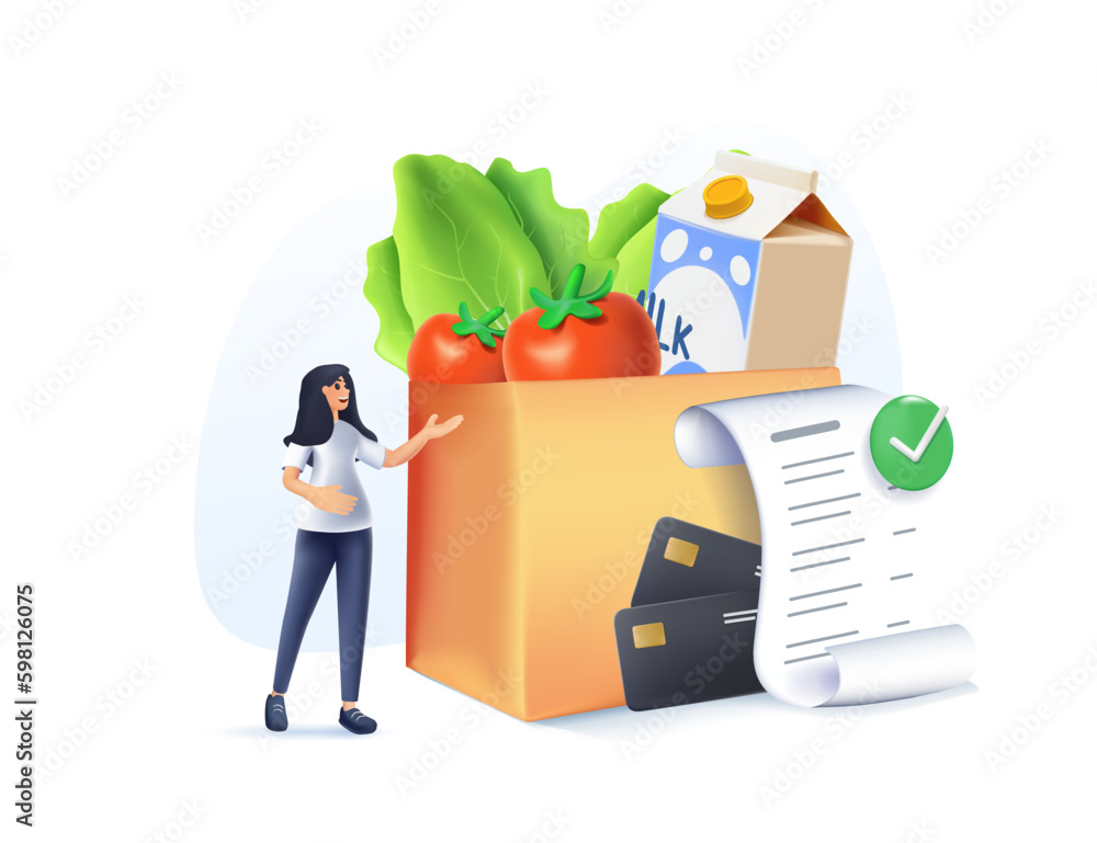 3D food delivery concept. Grocery store. Character standing near ...
