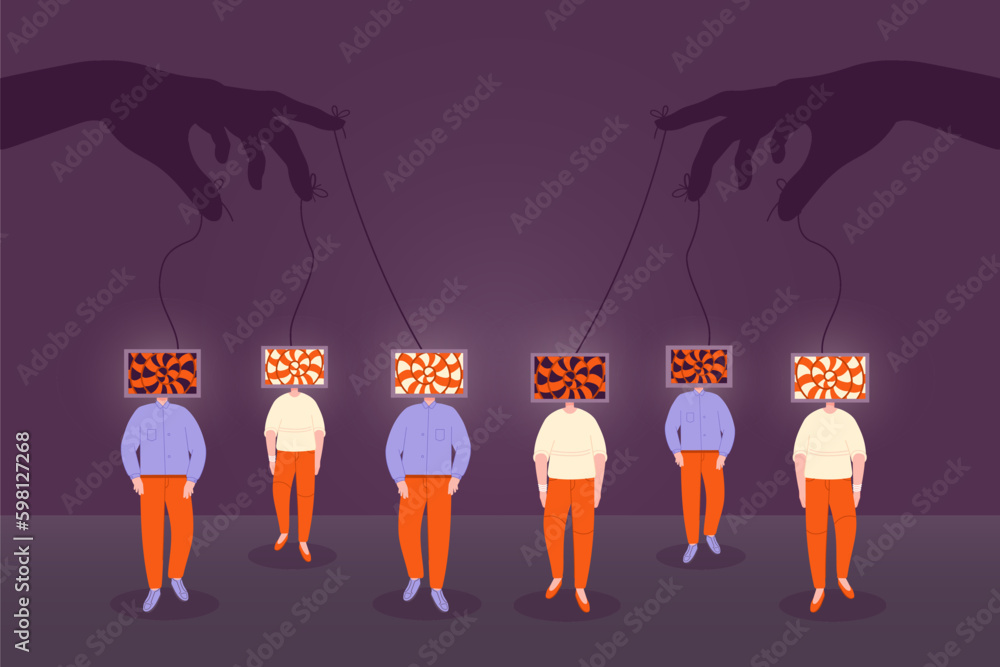 Tv marionettes. Media manipulation gullible people, broadcasting ...