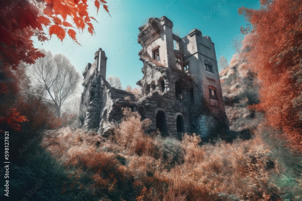 Ruins of an old castle crumbled in the midst of a dense forest ...