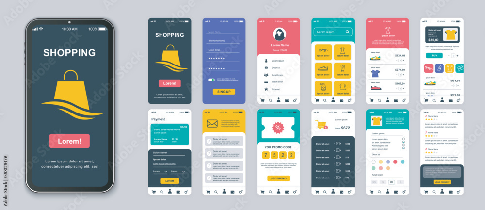 Shopping mobile app screens set for web templates. Pack of login ...