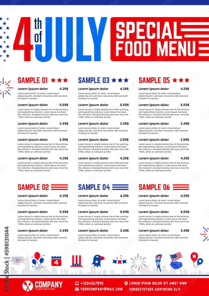 4th of July special restaurant A4 food menu with usa element icon and ...