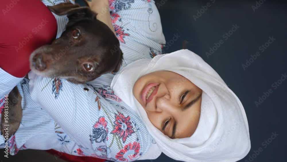 Arabian Muslim Hijab Woman Play Stroking Her Favorite Pet Dog Dachshund ...
