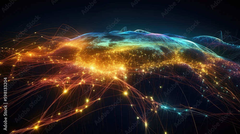 Metaverse world, neon global data virtualization, global satellite ...