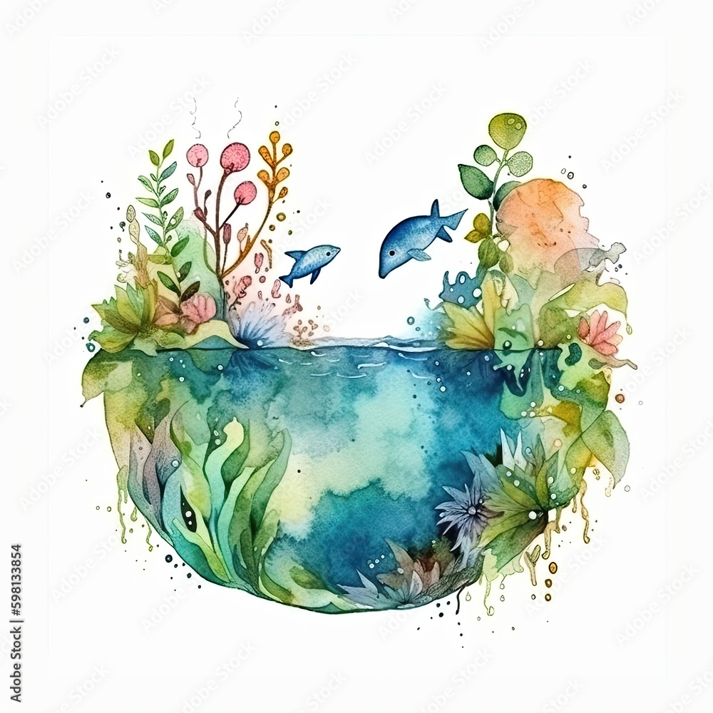 Earth day fish pond, watercolor art of the fish pond for earthday ...