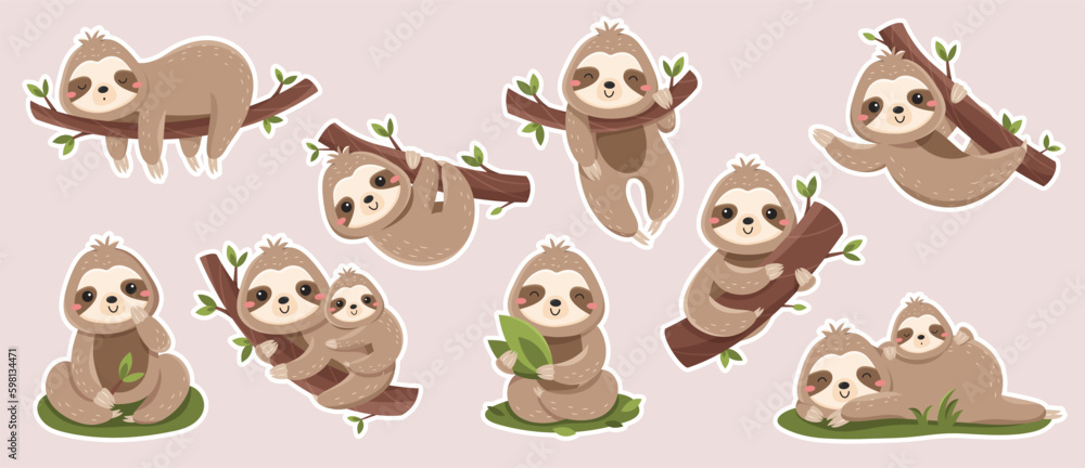 Cute sloth stickers set. Collection of graphic elements for website ...