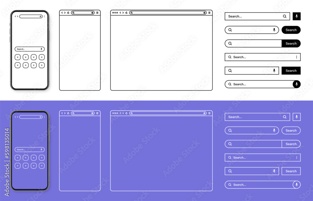 Smartphone, web browser, internet page window with toolbar and search ...
