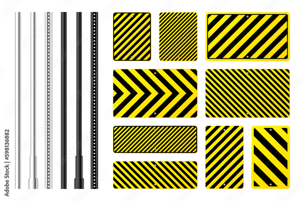 Warning, danger signs, attention banners with metal poles. Yellow ...