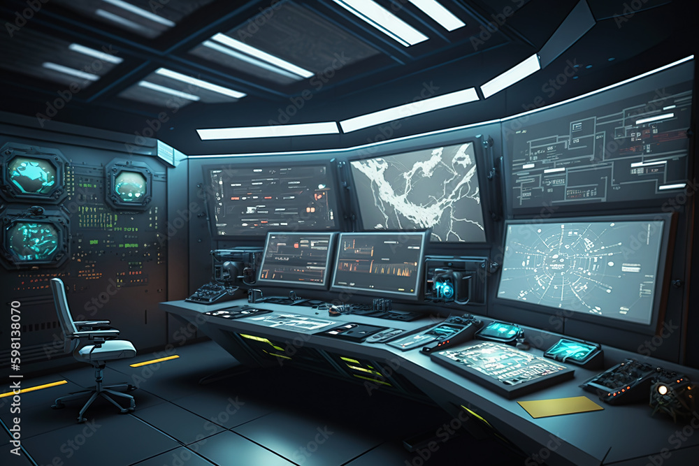 Control room with screens and computers, interior of command center ...