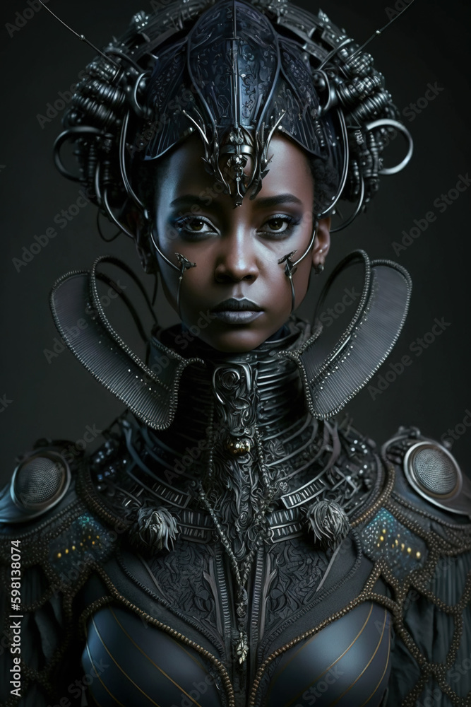 Alien queen of fantasy World, portrait of black woman in insect armor ...