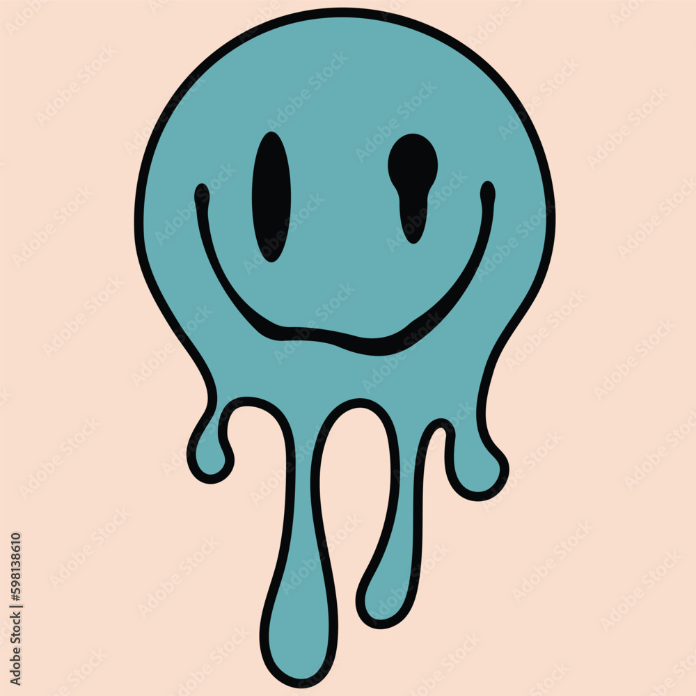 Vintage, melted, blue, drippy, acid face, smile, fun, face, vector ...