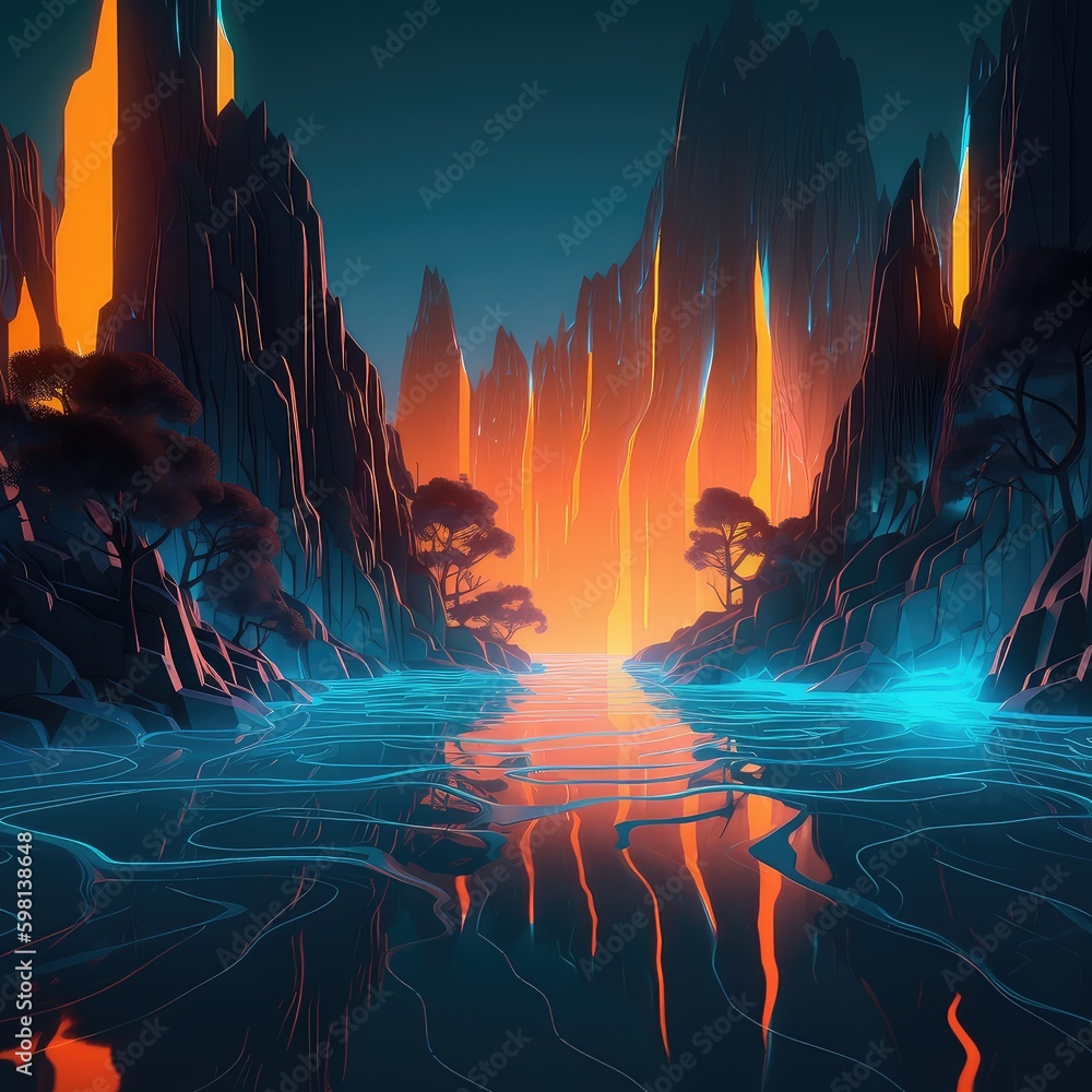 Fantasy world, neon magic lake, neon vj loop, dj loop, music video ...