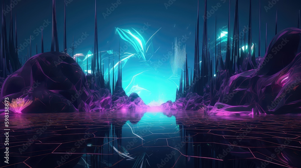 Fantasy world, neon magic lake, neon vj loop, dj loop, music video ...
