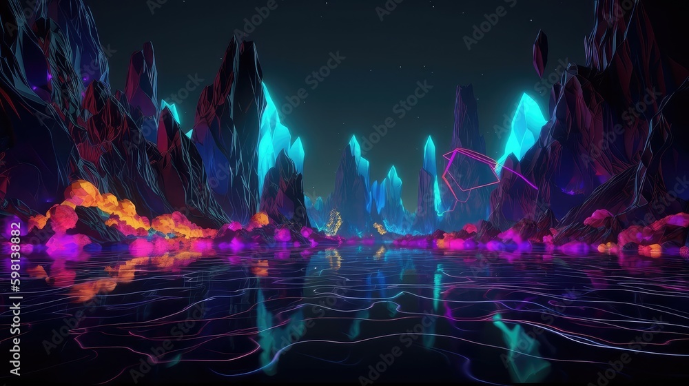 Fantasy world, neon magic lake, neon vj loop, dj loop, music video ...