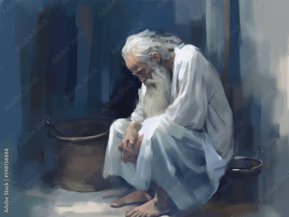 An old man squats in a grimy corner his tattered clothes hugging his ...