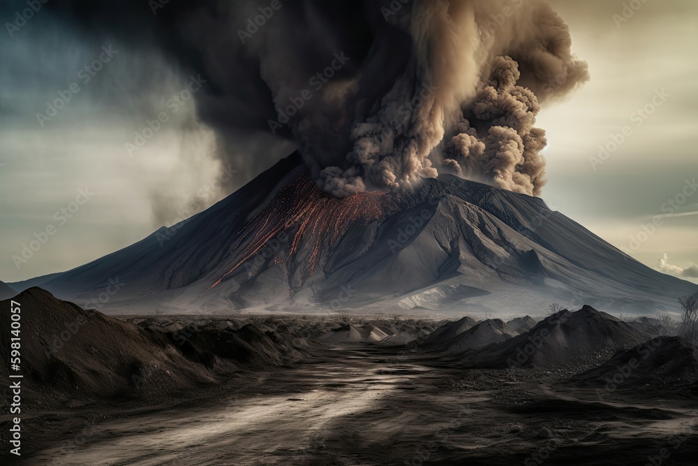 Towering volcano loomed over a desolate, ash-strewn wasteland, its ...