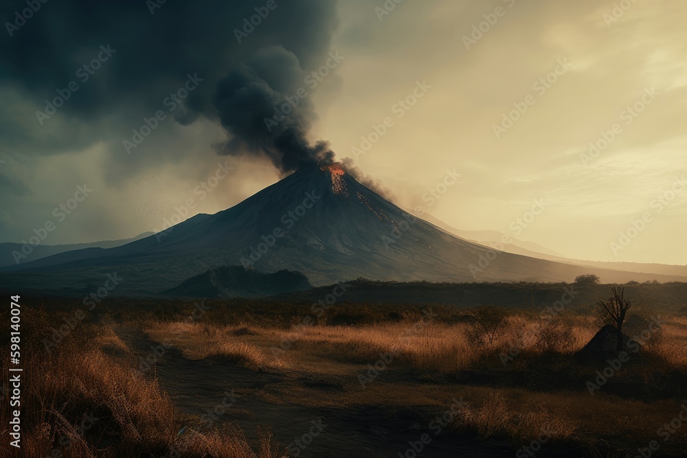 Towering volcano loomed over a desolate, ash-strewn wasteland, its ...