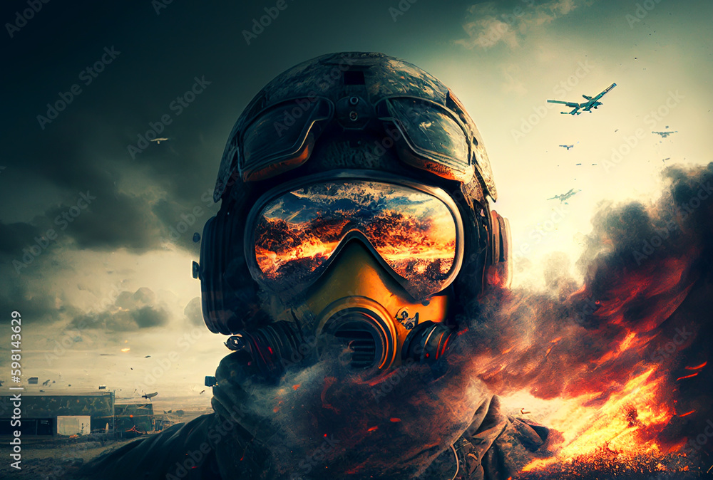 Gas mask on man during explosion. Chemical weapons against civil ...