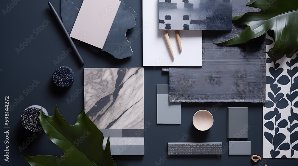 Classic flat lay composition in grey and navy color palette with ...