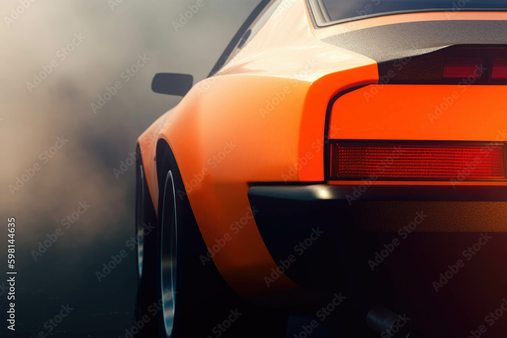 Closeup of a powerful orange drag racing car with a scooped hood and ...