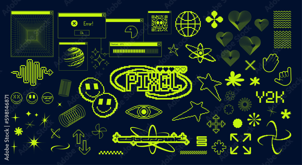 Acid Y2k collage elements, retrofuturistic graphic assets for design ...