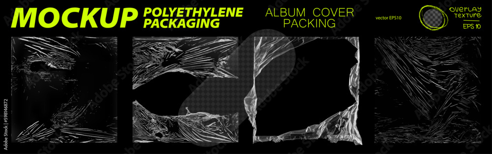 Transparent polyethylene packaging, overlay texture with torn, wrinkle ...