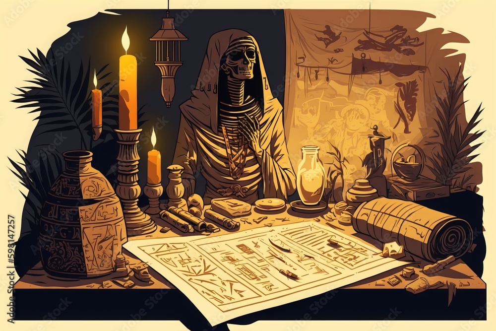 Ancient Egyptian Mummy Holding Feather and Scroll with Hieroglyphs ...