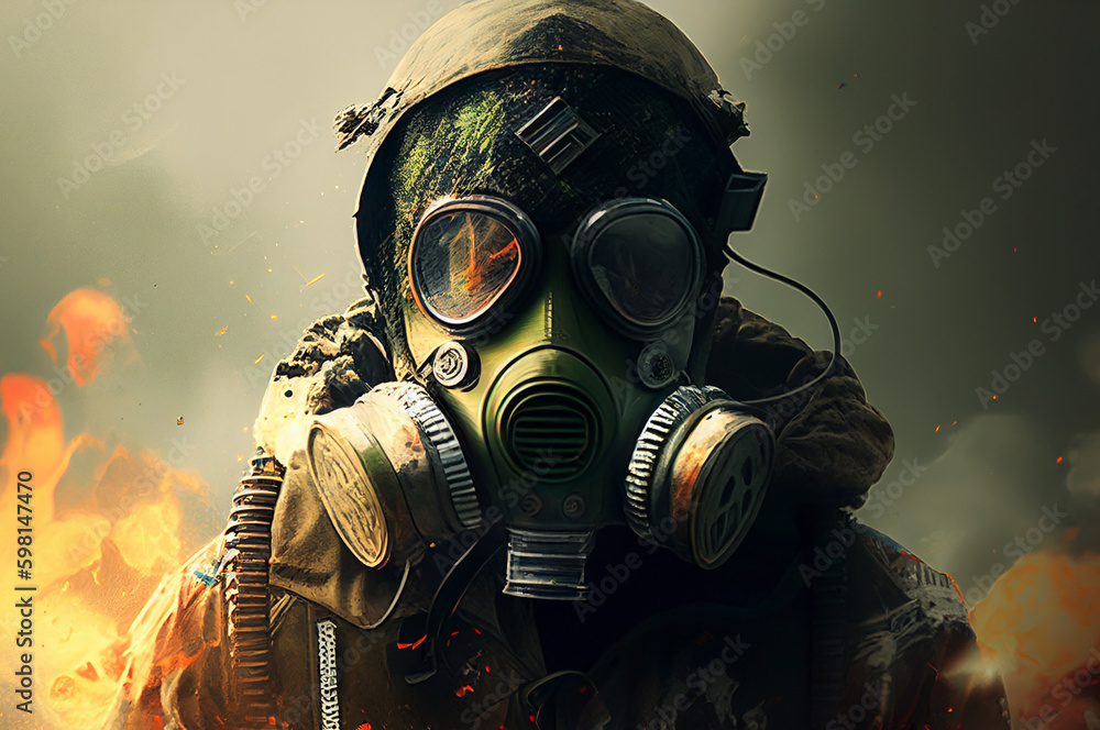 Gas mask on man during explosion. Chemical weapons against civil ...