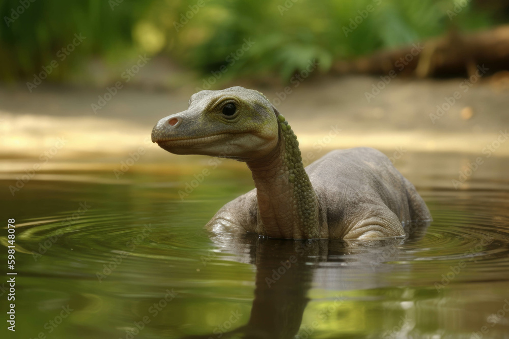 A baby Apatosaurus wading in a shallow pool its neck and tail forming ...
