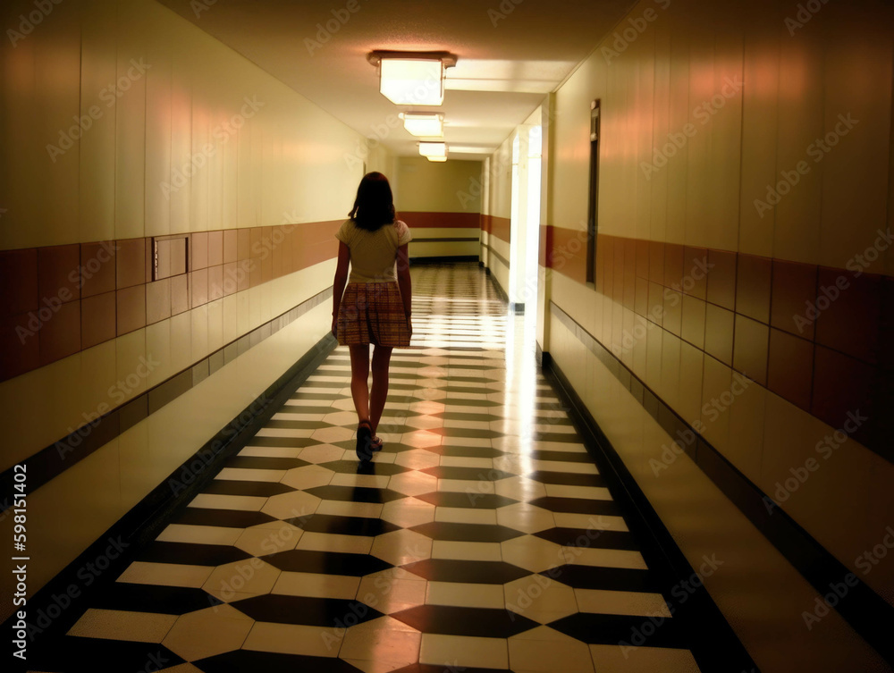 A young child with their head down and a sense of vulnerability walking ...