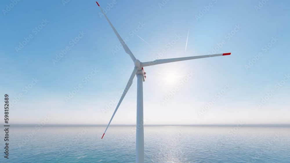 4K ULTRA HD. Offshore wind turbines farm on the ocean. 3D Animation ...