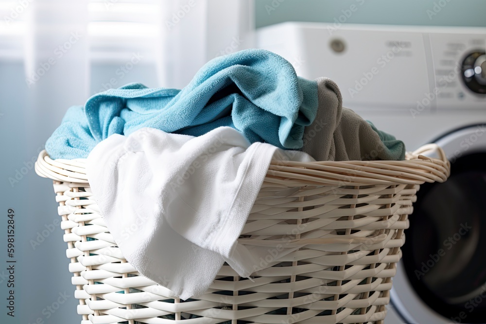 Clothes in laundry basket, washing machine background. Laundry concept ...