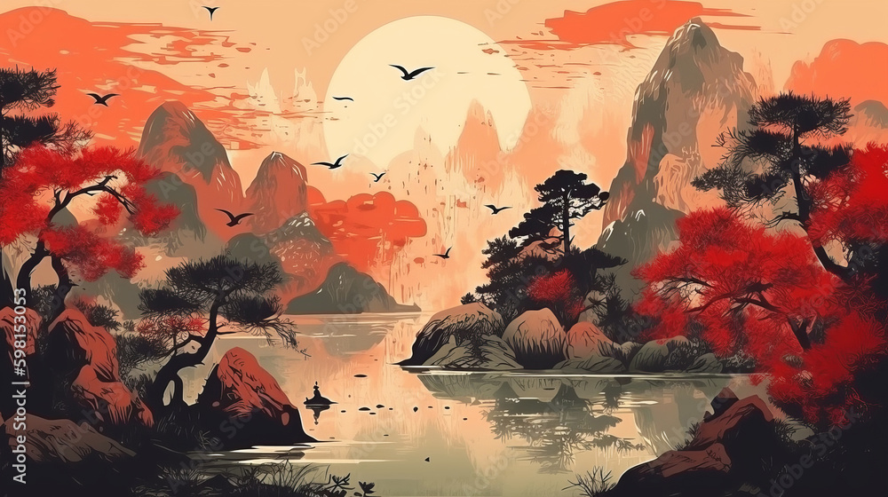 Japanese painting style landscape. Japan traditional culture ...