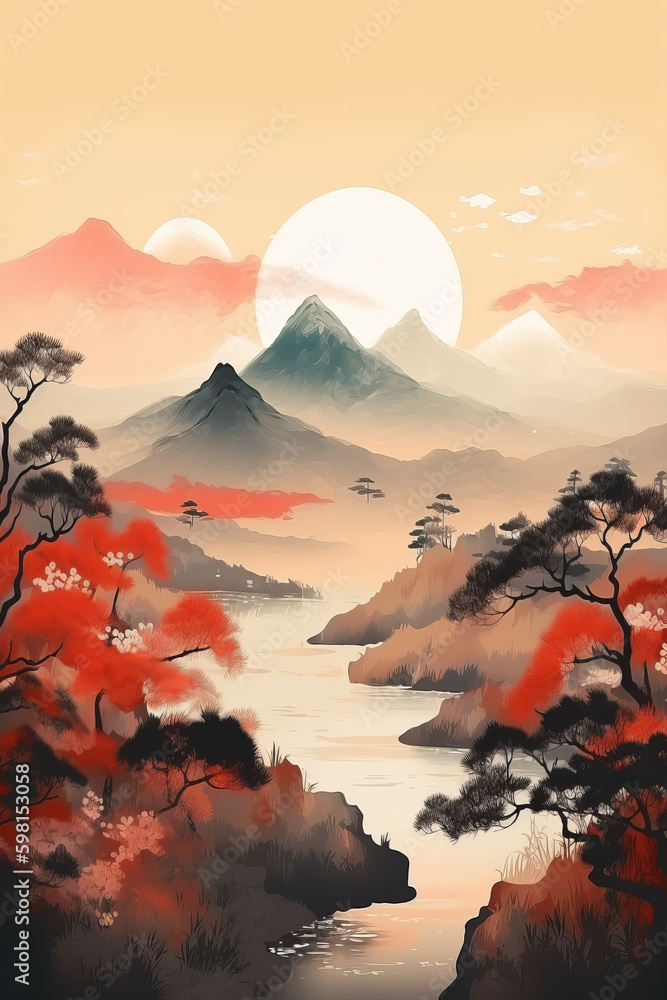 Japanese painting style landscape. Japan traditional culture ...