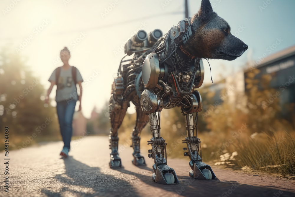 The photo shows a robotic dog outdoors, standing next to a human ...
