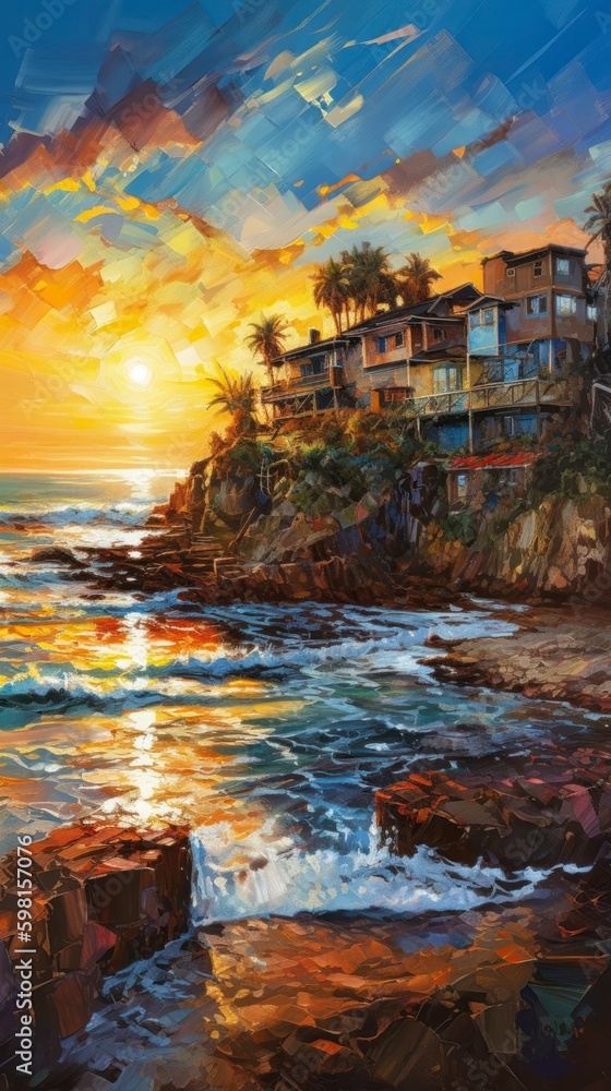 vibrant ink oil sunset beach house cliff bright dappled golden sunlight ...