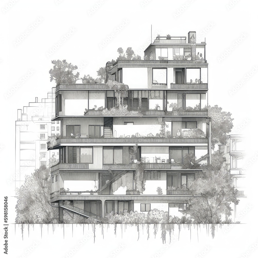 Drawing of Modern Duplex House, urban architecture, house drawing ...