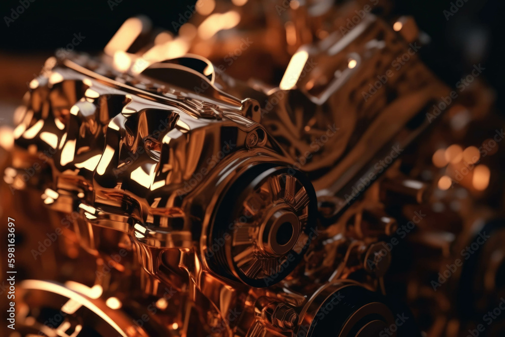 A closeup of a race car engine with the intricate details of its metal ...