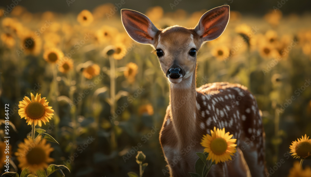 Generative AI. White Tailed Fawn with spots. In the Golden Hour: Capturing the Beauty of a Fawn ...