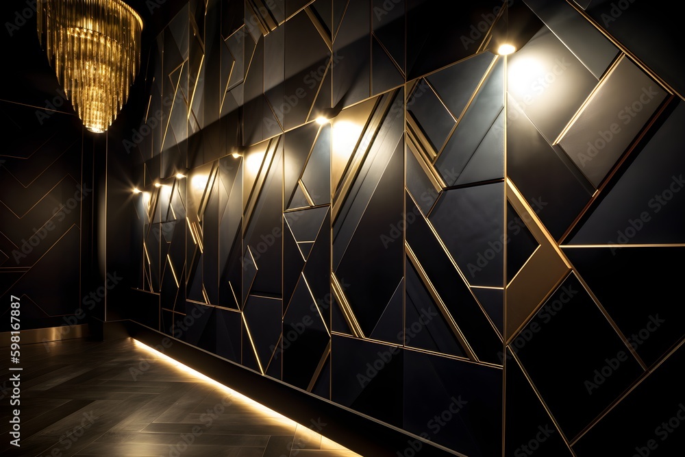 Dark luxury style wall with gold accents. Dark blue and blue patterns ...