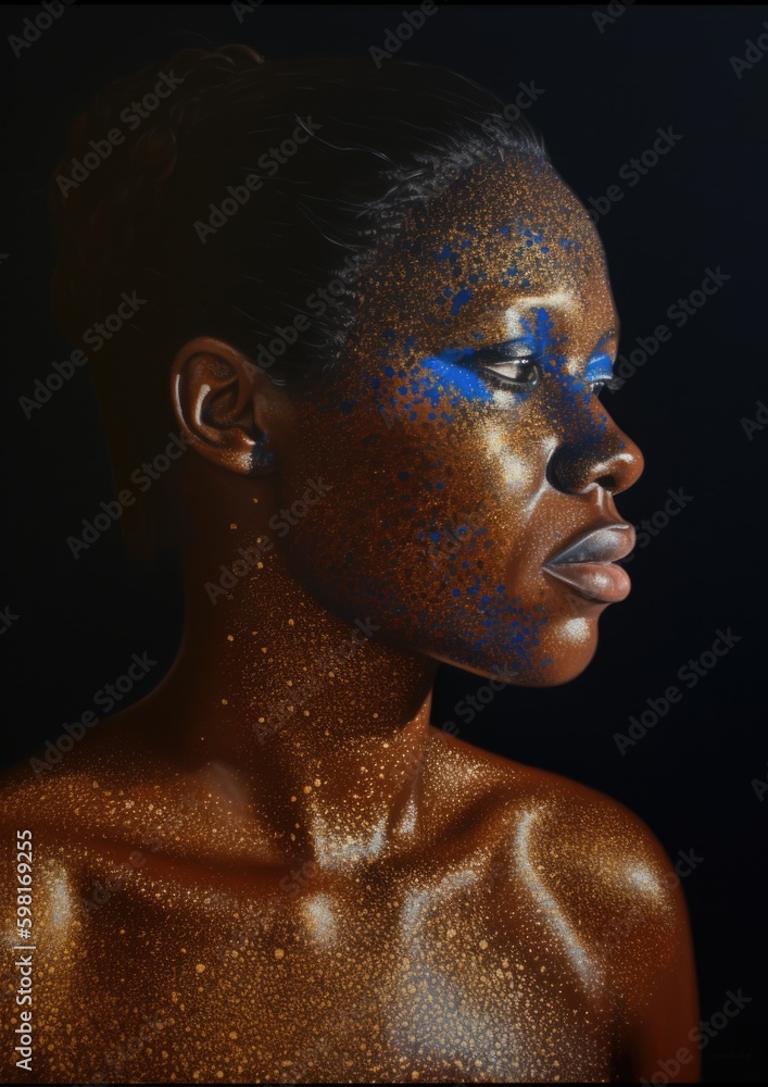 Beautiful closeup portrait render of a black girl, covered in splashes ...