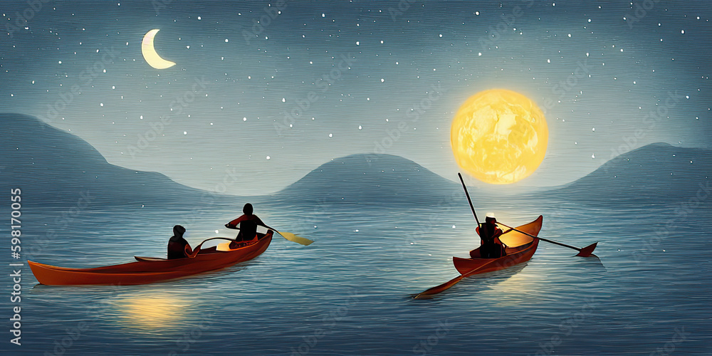 night scenery of a man rowing a boat among many glowing moons floating ...