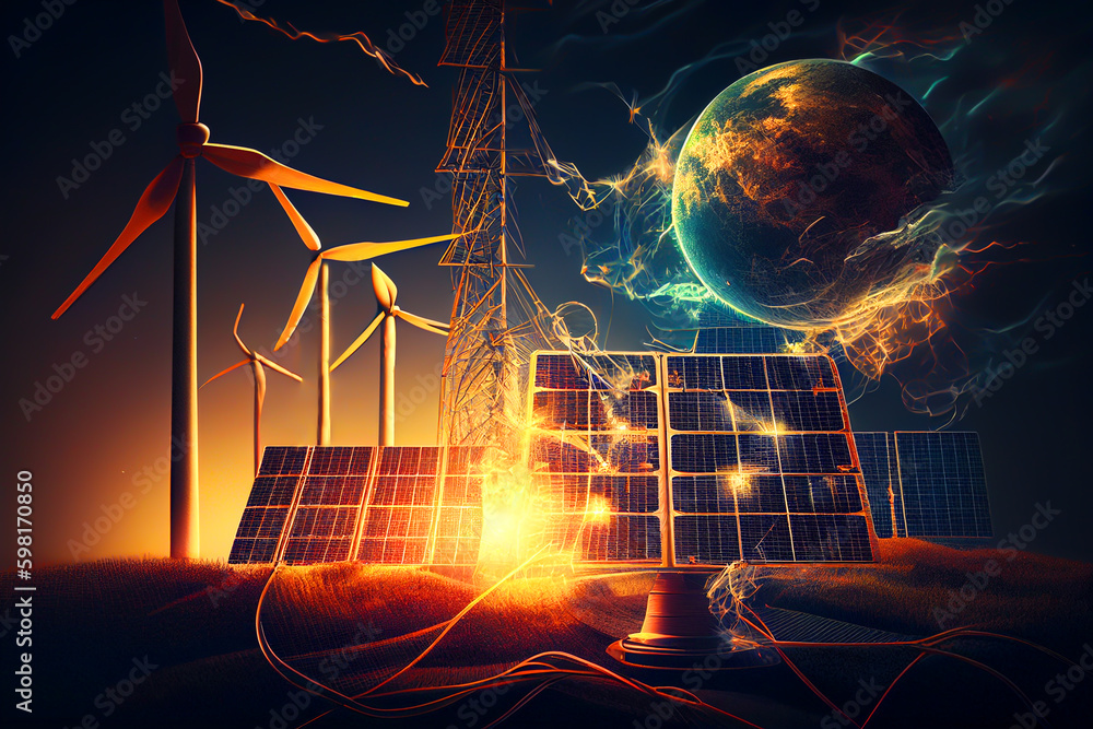 Solar panel and Wind Turbine concept. Solar energy from solar panels ...