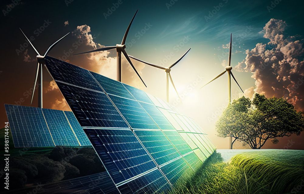 Solar panel and Wind Turbine concept. Solar energy from solar panels ...