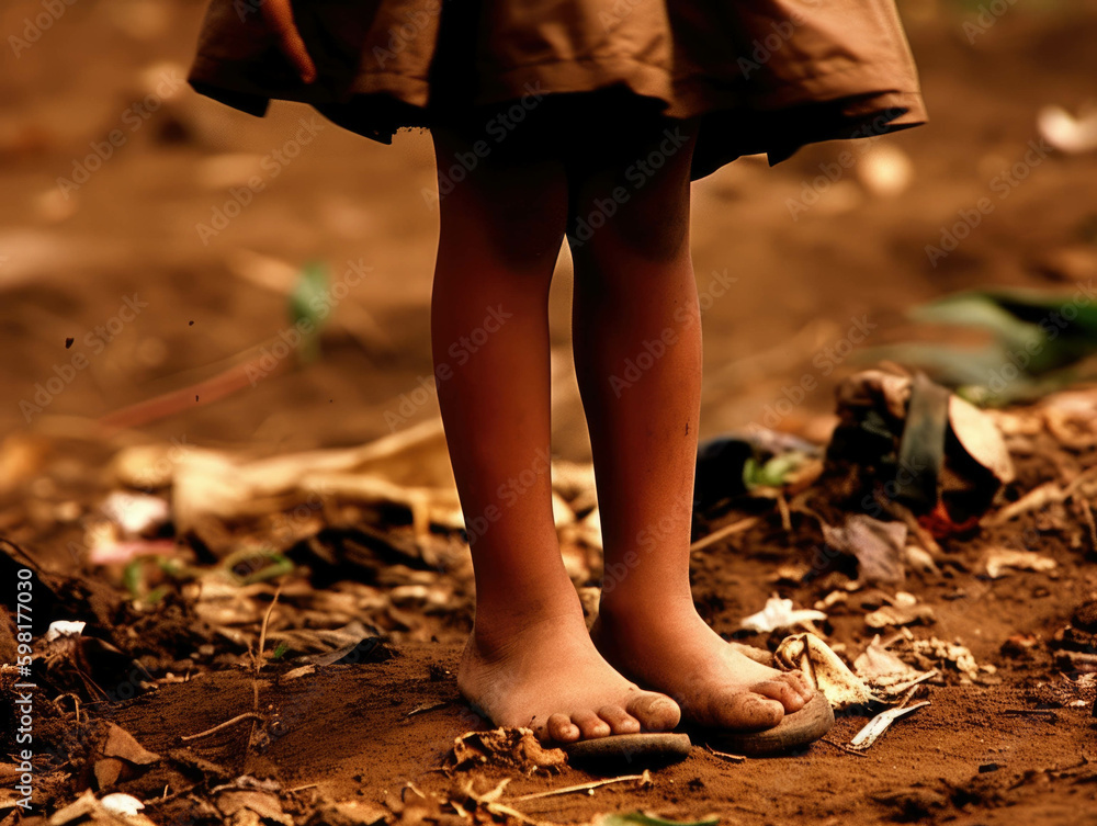 Piles of garbage and filth surrounding a foot child.. AI generation ...