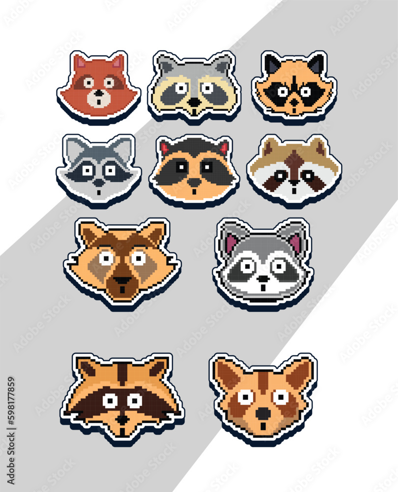 pixel art raccoon faces emoji sticker pixel sticker design Stock Vector ...