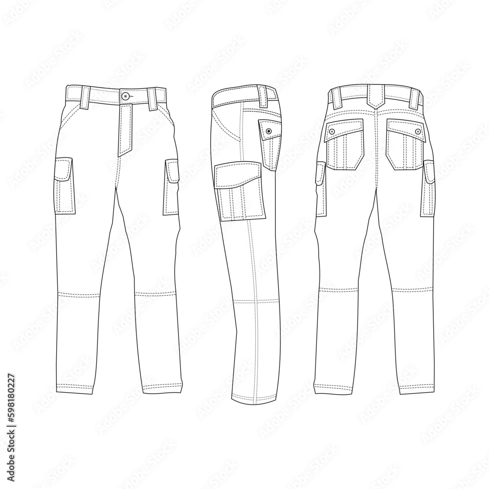 White technical sketch of mens cargo pants vector template, front, back ...