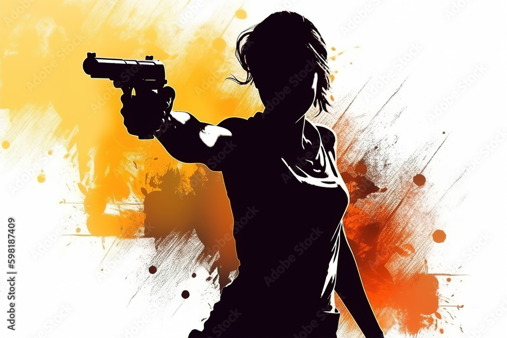 Silhouette of woman with gun, a faceless female person holding weapon ...
